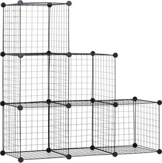 HOMCOM Steckregal, Regalsystem mit 6 Fächern, DIY Würfelregal aus Drahtgitter, Stufenregal für Wohnzimmer, Schlafzimmer, Schwarz, 109 x 37 x 109 cm