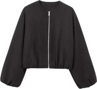 Generic Blouson aviateur r&eacute;tro doux for femme, col rond, manches longues, ourlet &eacute;lastique et fermeture &eacute;clair(Black,xs)