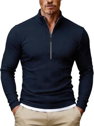 Generic Polo &agrave; fermeture &eacute;clair pour homme, manches longues, coupe ajust&eacute;e, style d&eacute;contract&eacute;, extensible, fermeture &eacute;clair, couleur unie, pull &agrave; col montant,