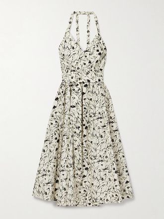 Proenza Schouler Rhea Neckholder-midikleid Aus Bedruckter Popeline Aus Einer Baumwollmischung Mit Gürtel - Creme