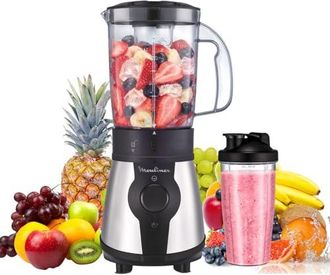 Moulinex Blend&Go LM1B1D 300W Mixer, Smoothie-Mixer mit 750 ml Kunststoffkrug, inklusive 750 ml tragbarer Flasche, 4 abnehmbaren Klingen, Edelstahloberflächen