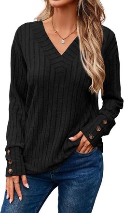 Dokotoo Pullover Damen V-Ausschnitt Langarmshirt Leichte Strickpullover Herbst L&auml;ssige Oberteile Pulli Tops mit Knopf, schwarz, S