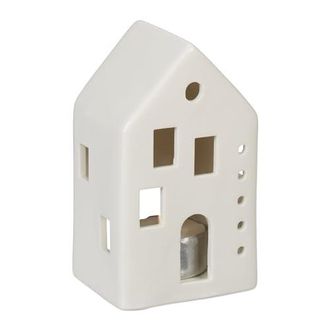 Relaxdays Teelichthaus Keramik, Leuchth&auml;uschen f&uuml;r 1 Teelicht, H x B x T: 12 x 7 x 6 cm, Teelichthalter Haus, wei&szlig;