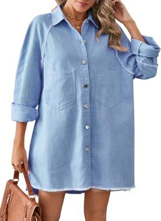 TOMWELL Robe Jean &Eacute;t&eacute; Femme Manches Longues Robe De Plage R&eacute;tro Denim Robes Tourner Le Col D&eacute;contract&eacute;e Couleur Unie Tuniques Ample Chemisier en Jean Mini Rob