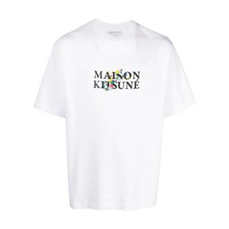 Maison Kitsuné Homme, Tops, Blanc, Taille: XL T-shirt à Logo Imprimé Floral