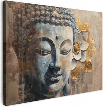 MuchoWow © Leinwand 80x60 cm Deko Schlafzimmer Aesthetic Leinwandbilder Wohnzimmer Gemälde Foto Geschenk Living Room Decoration Buddha - Zen - Blume - Gold - B
