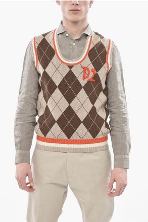 Dsquared2 Sleeveless Wool-Blend Crewneck Sweater with Argyle Pattern size L