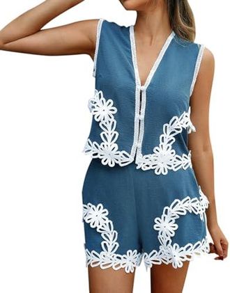 Generic Robes boh&egrave;me 2026 pour femmes et grandes filles, barboteuse bord&eacute;e de dentelle avec poches (nombreuses options), 7-16, bleu, XL