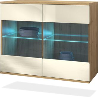 Vladon Kommode Bari V3, Moderner Küchenschrank mit 2 großen Glastüren inkl. RGB Beleuchtung Eiche Evoke/Creme Hochglanz (92,5 x 73.5 x 35)
