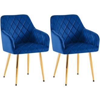Clp Lot de 2 chaises de salle &agrave; manger Monett velours Bleu fonc&eacute; m&eacute;tal or