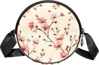 Generic Sac &agrave; bandouli&egrave;re rond pour femme, motif fleurs de p&ecirc;che, petit sac &agrave; dos &agrave; bandouli&egrave;re avec fermeture &eacute;clair, bretelles r&eacute;glables, sac &agrave; main rond d&eacute;
