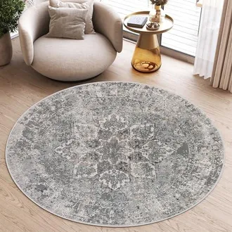 Tapiso Valley Rond Tapis Poil Court Vintage Gris Clair Beige Mouchet&eacute; Floral Rosace Bordure Tapis Salon Chambre Salle &agrave; Manger Bureau Oeko-TEX R&eacute;sistant 120 
