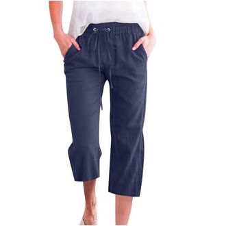 Generic Pantalon court en coton et lin de couleur unie pour femme, printemps/&eacute;t&eacute;, avec cordon de serrage, taille &eacute;lastique, coupe droite, jambe large, bleu ma