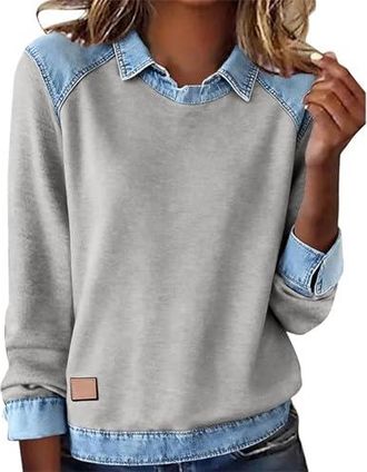Generic Pull Femme Denim Patchwork Sweatshirt Femme Sans Capuche Manches Longues Col Revers Tee Tops Casual Mode T-shirt &agrave; Manches Longues Chemisier Contraste