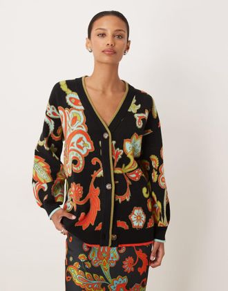 Never Fully Dressed Longline-Strickjacke in Schwarz mit Paisleymuster, Kombiteil