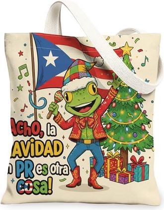 Generic Sacs fourre-tout en toile motif amphibien de No&euml;l, motifs de personnages de vacances, r&eacute;utilisables, festifs, l&eacute;gers et lavables, beige, 13x15 Inch