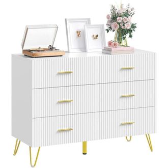 Woltu Woltu - Commode blanche 6 tiroirs 100x40x75cm - Panneaux de particules E1 - Pieds en m&eacute;tal dor&eacute; - Meuble de rangement polyvalent