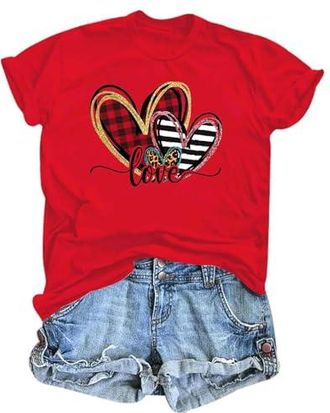Generic T-shirt &agrave; manches courtes imprim&eacute; coeur pour la Saint-Valentin 2026 mignon et d&eacute;contract&eacute; pour couples et (2), Rouge, 3XL