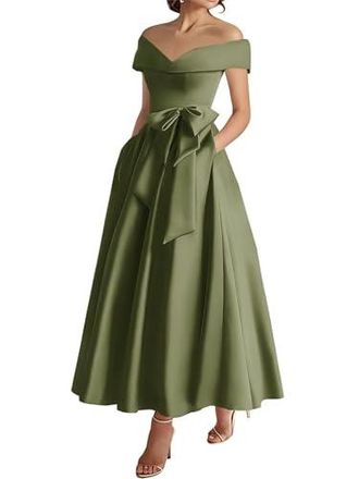 Generic Robe de mère de la mariée en satin à épaules dénudées Longueur thé Robe dinvité de mariage formelle avec noeud, Sauge poussiéreuse., 44