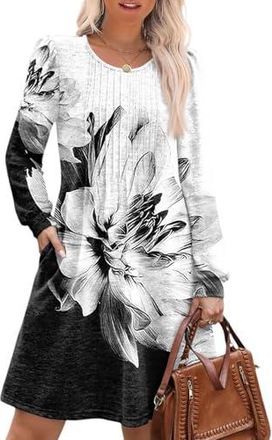 Generic Mini robe gaufr&eacute;e de style boh&egrave;me &agrave; manches longues et col rond - Robe d&eacute;contract&eacute;e fluide avec poches lat&eacute;rales - Douce et extensible - Confortable -