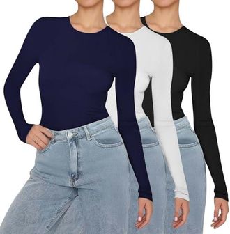 Generic Lot de 3 Tee Shirt Hauts Thermiques à Manches Longues pour Femmes Coupe ajustée Extensibles col Ras du Cou t-Shirts Respirants à superposer pour Femme