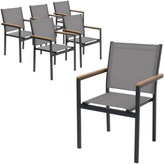 ML Design ML-Design Gartenst&uuml;hle 6er Set mit Armlehnen-Holzoptik, Dunkelgrau, Gartenstuhl aus Textilene, Terrassenst&uuml;hle mit Aluminiumgestell, Balkonstuhl