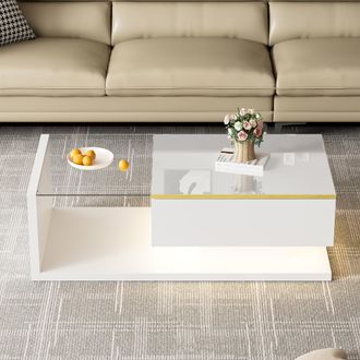 Merax LED Hochglanz Wei&szlig;er Couchtisch mit Glas,100x50x32,5cm Moderner Beistelltisch f&uuml;r das Wohnzimmer, Mit Stauraum, Fernbedienung, RGB dimmbare LED-Beleuc