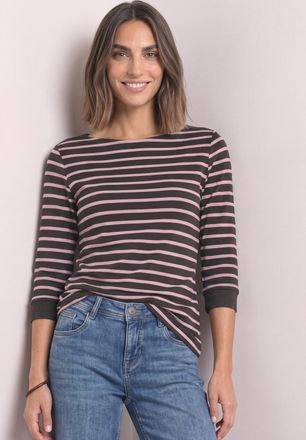 Street One Print-Shirt STREET ONE, Damen, Gr. 34, rosa (vintage blush), Web, 100% Baumwolle, gestreift, regular fit normal, U-Boot-Ausschnitt, B&uuml;ndchen, Shirts, 