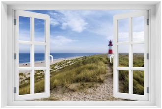 Wallario selbstklebendes Poster - Am Strand von Sylt Leuchtturm auf der D&uuml;ne Panorama, Aufkleber in Premiumqualit&auml;t, Klebefolie Gr&ouml;&szlig;e: 61 x 91,5 cm mit Fenster