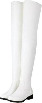 Generic Bottes au-dessus du genou pour femme Bout rond Cuir Cuissardes à talon bas Grande taille, blanc, 49 EU