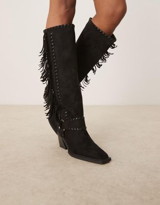 Asos Cristina - Kniehohe Cowboystiefel in Schwarz mit Fransen-Braun