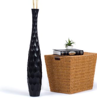 Leewadee Gro&szlig;e Deko Bodenvase F&uuml;r Dekozweige, Hohe Standvase F&uuml;r Pampasgras, Design Holzvase, 85 cm, Schwarz