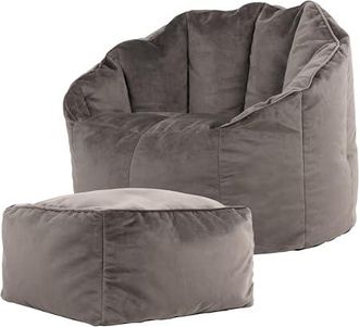 Icon Brand Sirena Sitzsack Sessel mit Hocker für Erwachsene, Dunkelgrau, Flauschiger Samtstoff, Riesen Sitzsack Samt mit Füllung, Bean Bag Chair, Bequemer Sessel