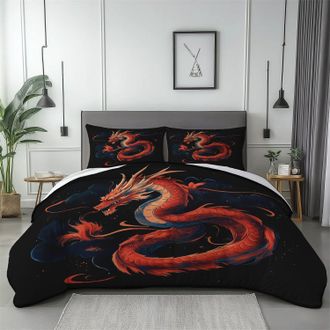 Generic Bettwäsche 135 x 200 cm Fantasie Roter Drache Tintenstil Bettbezug Set 3 Teilig Weiche Microfaser Bettwäsche Bettdeckenbezug mit Reißverschluss und 80