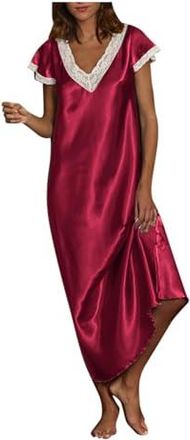 Generic Nuisette en soie pour femme à manches longues et courtes, chemise de nuit longue en satin élégante avec bordure en dentelle col en V, chemise de nuit 
