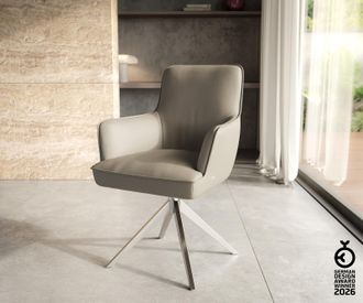 DELIFE Drehstuhl Heira-Flex mit Armlehnen Echt-Leder Schlamm Kreuzgestell breit Edelstahl 360&deg; drehbar Taschenfederkern, Esszimmerst&uuml;hle