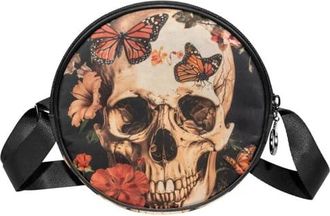 Generic Sac &agrave; bandouli&egrave;re rond pour femme, motif t&ecirc;te de mort et papillons, petit sac &agrave; bandouli&egrave;re avec fermeture &eacute;clair, bretelles r&eacute;glables, sac &agrave; main ron