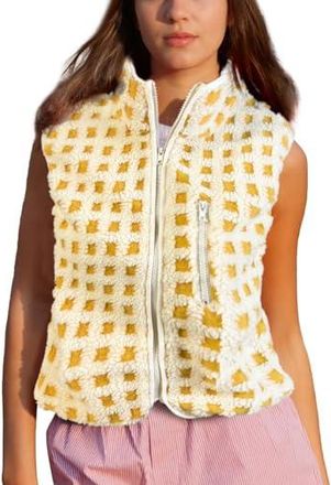 Generic Gilet Sherpa &agrave; carreaux pour femme, veste polaire dhiver sans manches, fermeture &eacute;clair, col haut, gilet en polaire chaude &agrave; carreaux avec poche de po