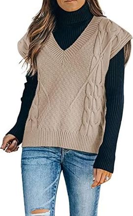 Minetom Pull sans Manche Col V Femme Gilet en Tricot Couleur Unie Lâche Pull Débardeurs Chandail Bureau Pullover Tops Hauts C Kaki L