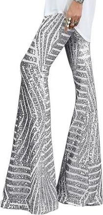 Generic Pantalon palazzo &agrave; paillettes pour femme - Pantalon &agrave; paillettes - Taille haute - Jambe large &eacute;vas&eacute;e, Argent&eacute;., XXL