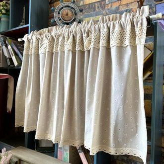 A.Monamour Gardine Scheibengardinen Kurzstores Bauernhaus Ländlich Beige Floral Gänseblümchen Baumwolle Leinen Häkel Spitze Blickdicht Kurzvorhang Küchengardine 