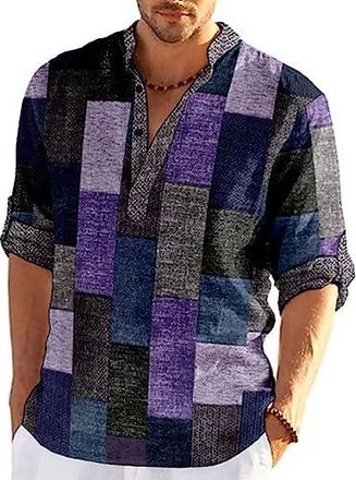 Onsoyours Chemise Homme Casual Col Mao Chemise Manche Longue Col en V Henley Shirts Bouton Regular Fit Funky Multicolore Imprimé Léger Chemise pour LÉté A Viole