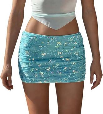 Generico Jupe courte de carnaval brillante et sexy pour femme avec paillettes d&eacute;grad&eacute;es argent&eacute;es Mini jupe avec franges et paillettes Taille &eacute;lastique, bleu c