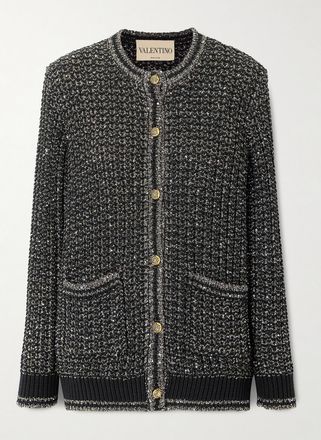 Valentino Garavani Cardigan Aus Einer Baumwollmischung Mit Pailletten In Metallic-optik - Schwarz