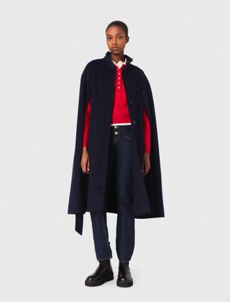 Maje Manteau Long Double Face Avec Cape - Bleu Marine - Taille 36 - Maje