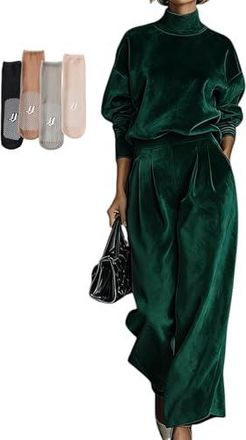 Generic Tenues 2 pi&egrave;ces en velours pour femme - Col haut - Pull &agrave; manches longues - Style d&eacute;contract&eacute; et chaud - Couleur unie - Pantalon large, vert fonc&eacute;, XX