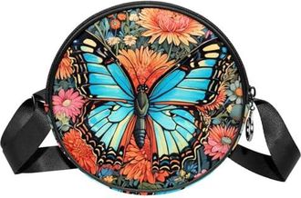 Generic Sac &agrave; bandouli&egrave;re rond pour femme, petit sac &agrave; bandouli&egrave;re avec fermeture &eacute;clair, bretelles r&eacute;glables, style d&eacute;contract&eacute;, motif papillon