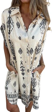 Bsubseach Frauen Kleid Gef&uuml;ttert Button Down Floral Print Kurzarm Sommer Casual Shirt Kleid Aprikose XXL