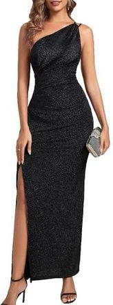 Ever-pretty Robe de Soir&eacute;e Femme Fendue &Eacute;lastique Maxi Cocktail Longue sans Manches Scintillante Chic Noir 44