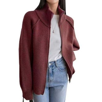 Generic Pull à fermeture éclair pour femme en tricot torsadé ouvert sur le devant, Rouge, M